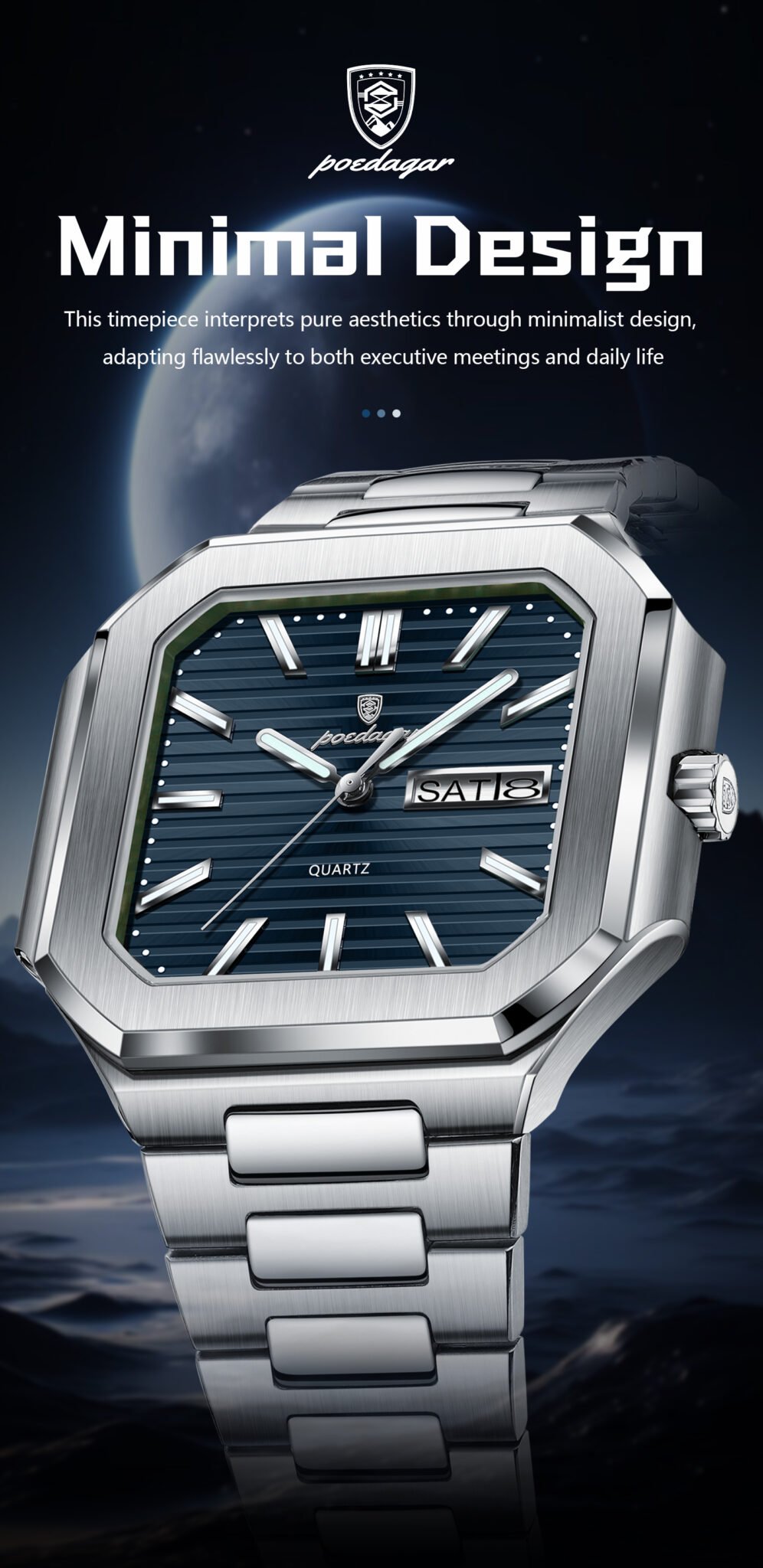 POEDAGAR 672 Classic Business Square Men’s Watch Luminous Waterproof ...